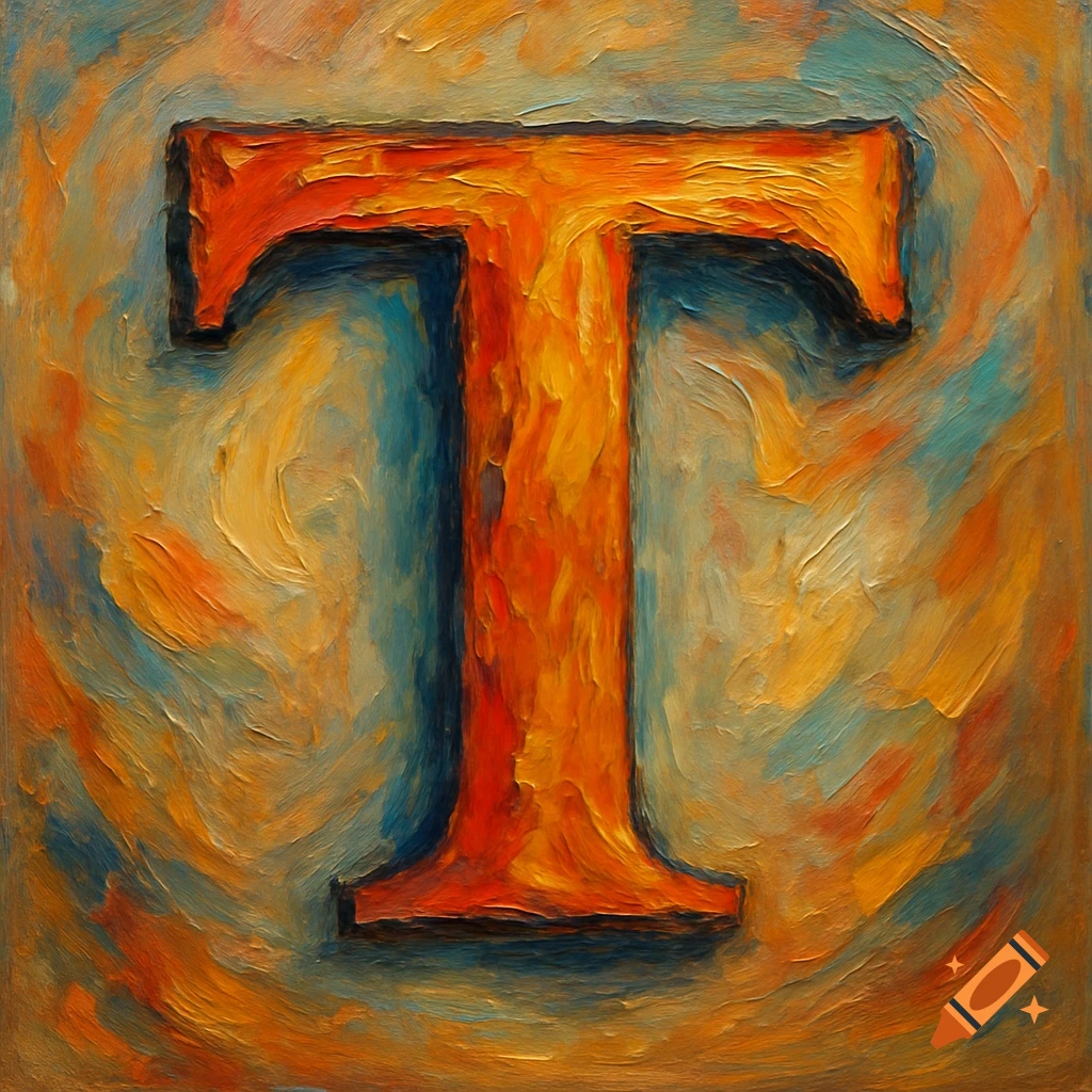 A large orange letter T in impasto painting style with blue and yellow ...