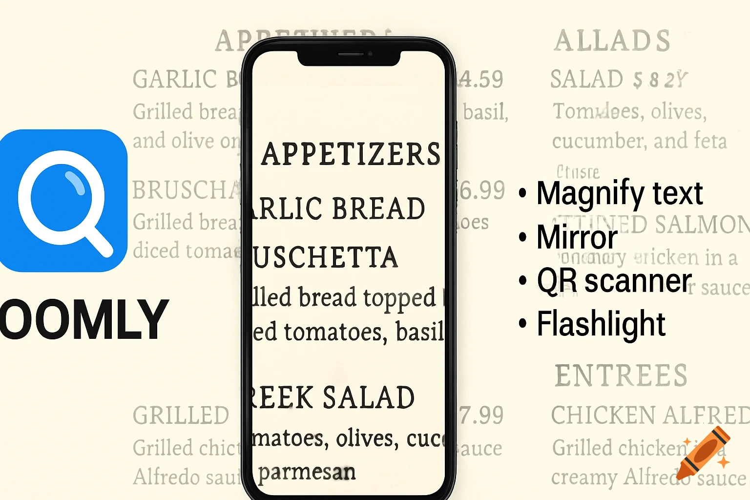 Smartphone displaying a magnified restaurant menu on screen, with an ...