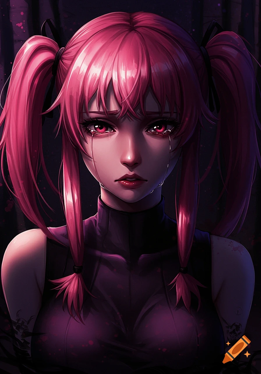 Illustration of a crying anime girl with pink hair in pigtails and a ...