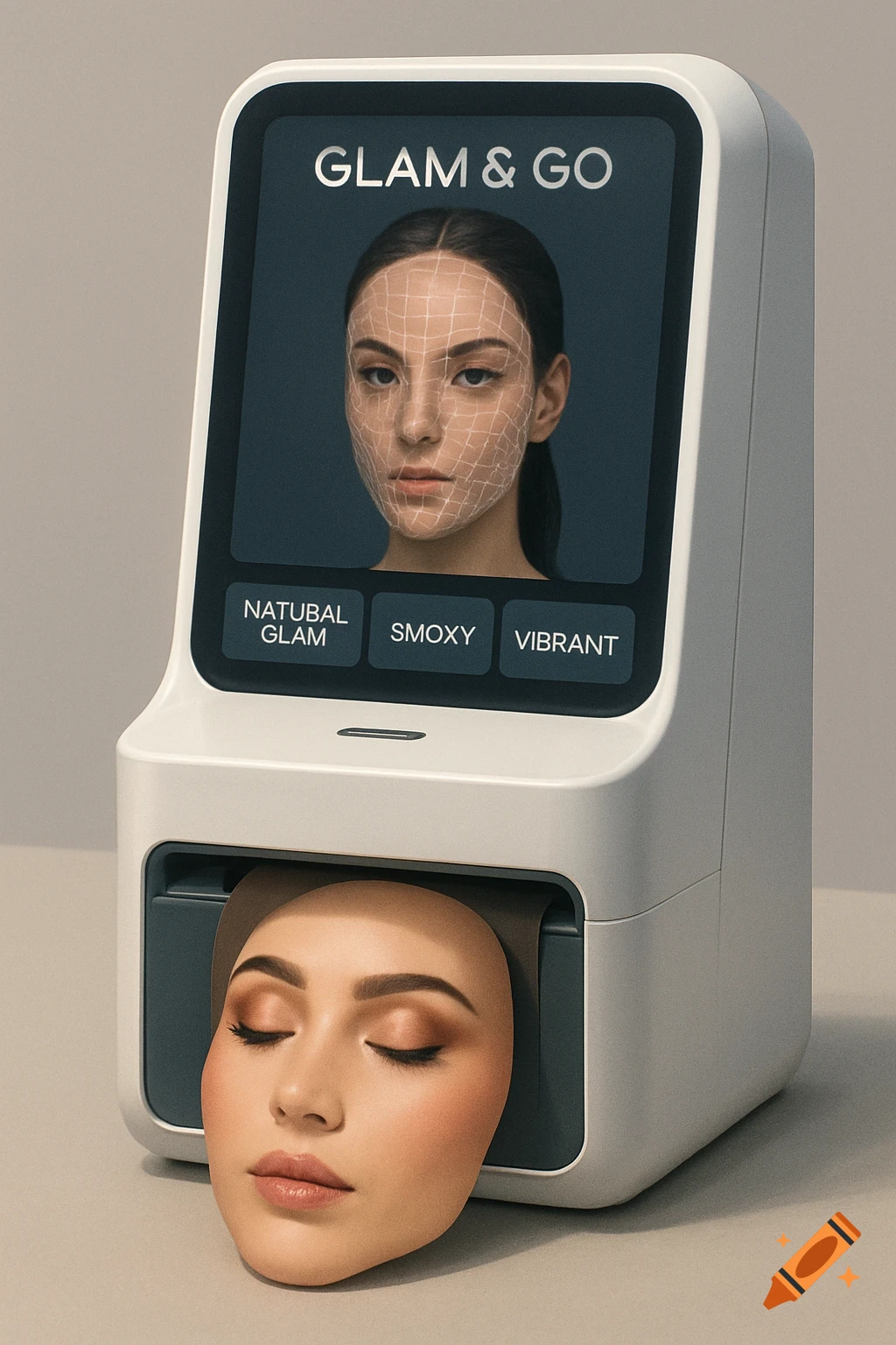 Futuristic white beauty device with screen scanning a face and printing a makeup mask. on Craiyon