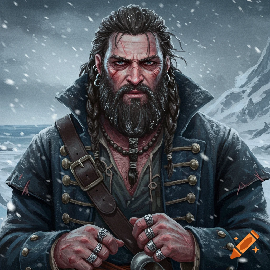 Illustration of a rugged pirate with a beard and braids in a snowy ...