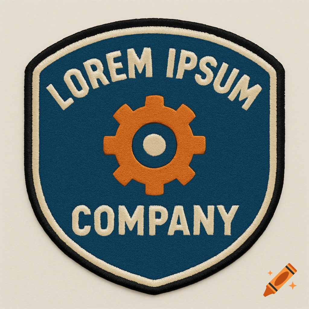 Embroidered blue company badge with an orange gear logo and the text ...