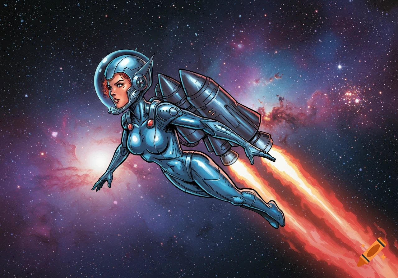 Comic book style illustration of a superhero woman with a jetpack ...