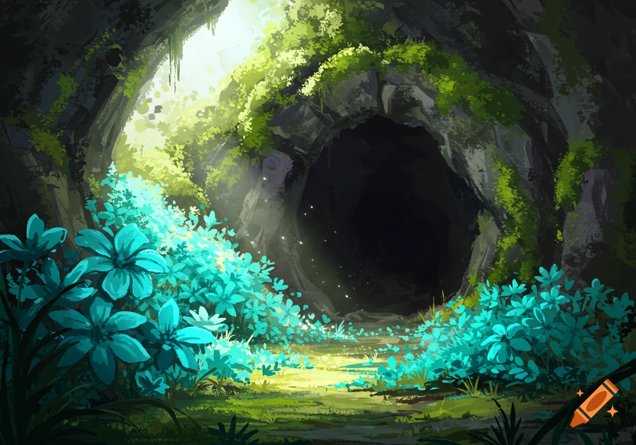 A brightly lit cave entrance overgrown with green plants and luminous ...