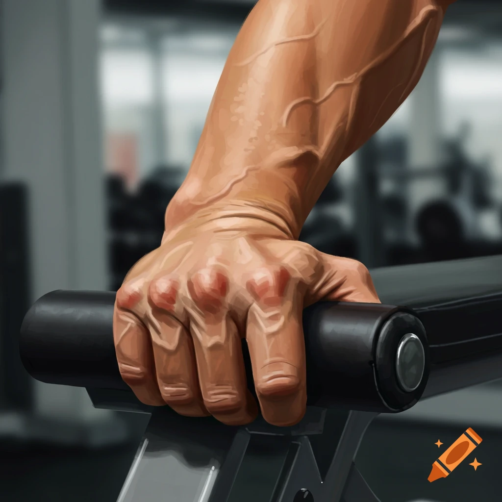 Close-up illustration of a muscular arm and hand gripping a gym bar on ...