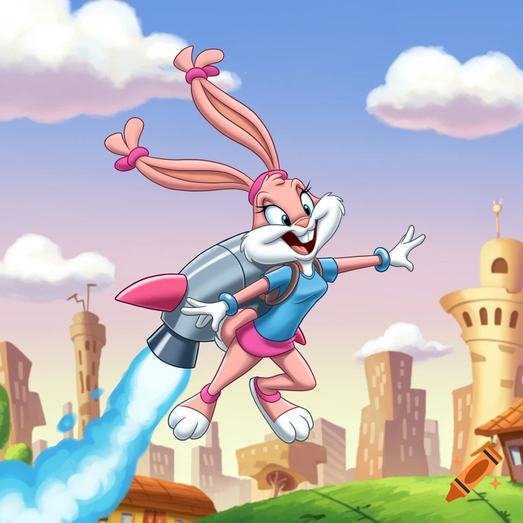 Babs Bunny cartoon character flying with a rocket jetpack over a city ...