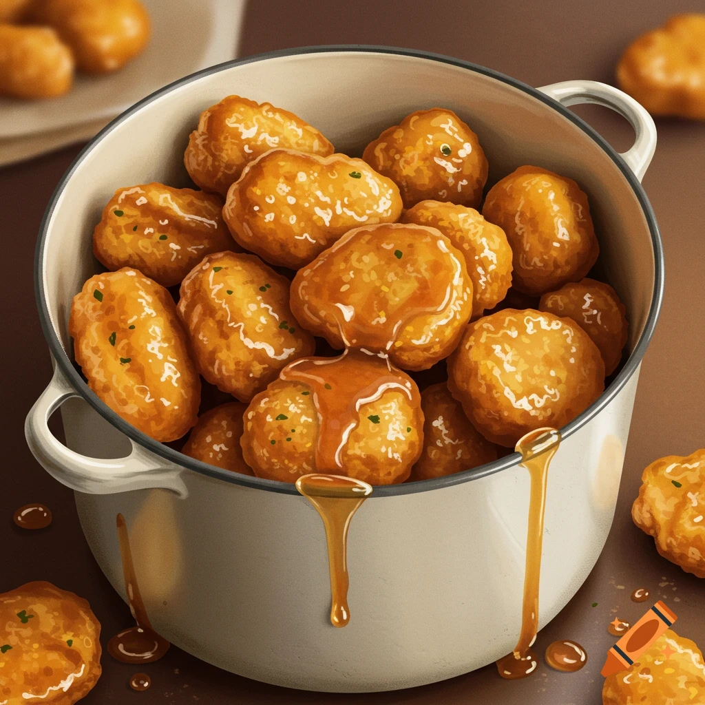 A pot filled with chicken nuggets coated in honey or sweet sauce on Craiyon
