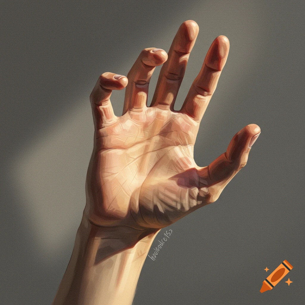 Close up of a hand illuminated by dramatic lighting in a painted style ...