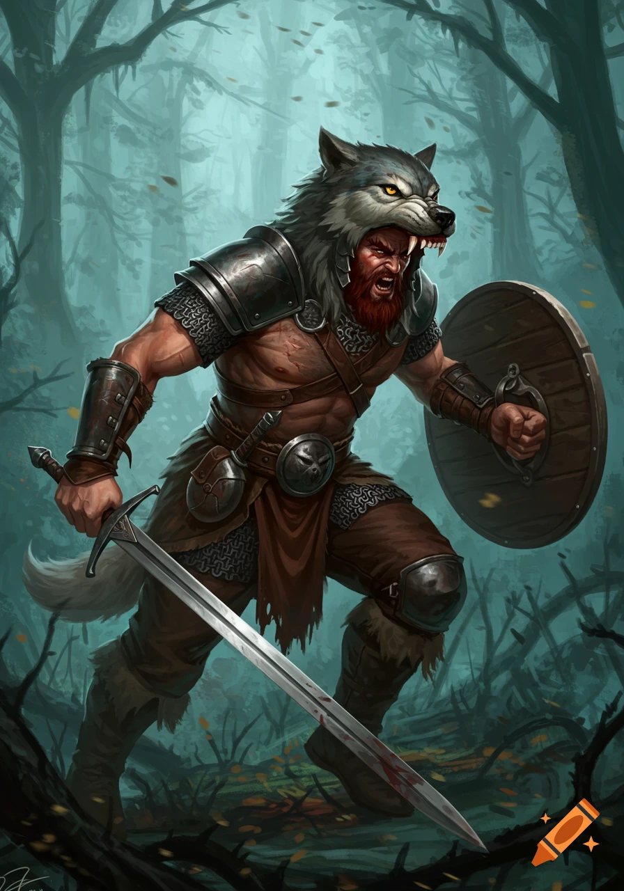 Fantasy warrior with wolf helmet and shield charging through a forest ...