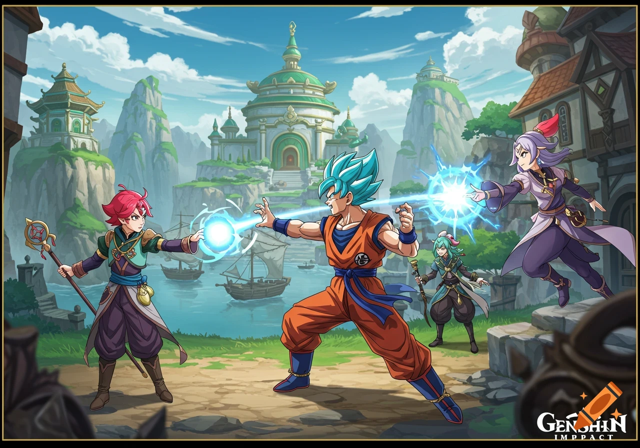 Anime characters, including Goku, using energy attacks in a fantasy ...