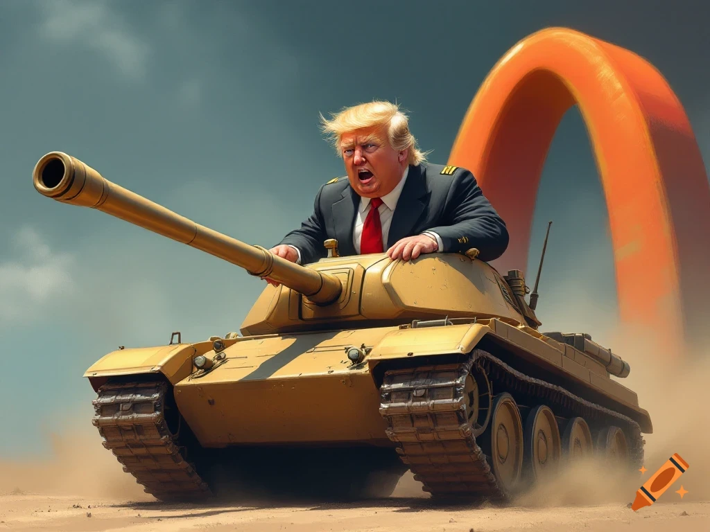 Donald Trump in a golden tank drives through a desert with a large ...