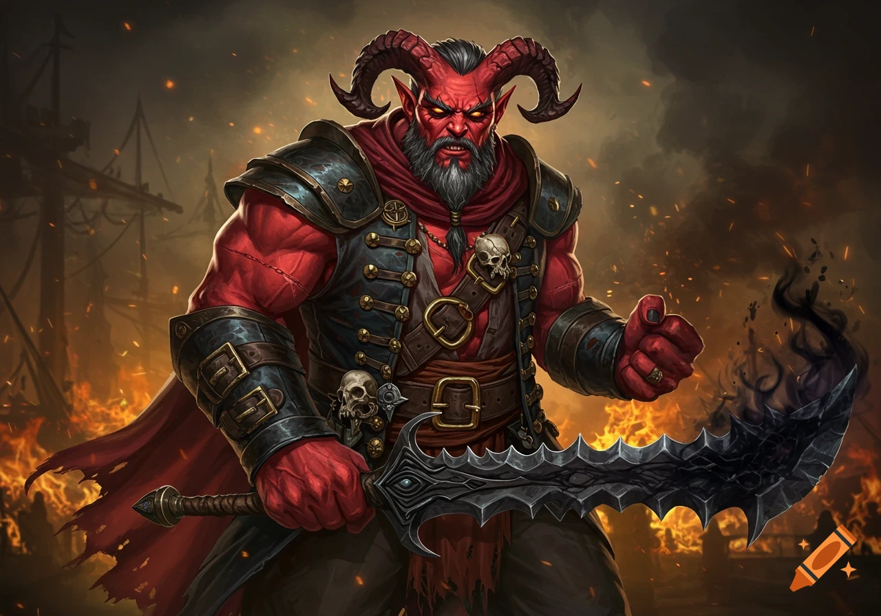 A fierce red Tiefling pirate warlock with horns, beard, and armor holds ...