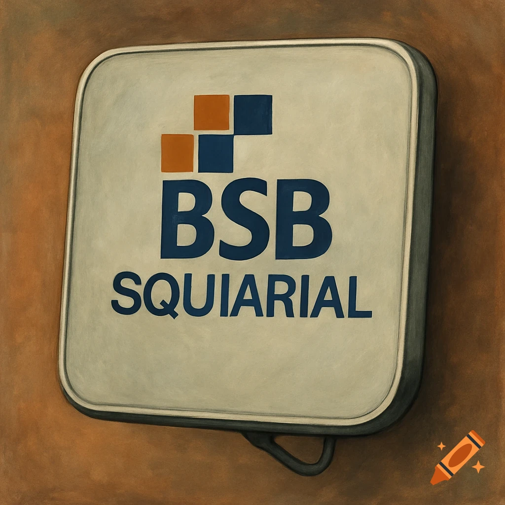 A painted image of a sign or logo with orange and blue squares above ...