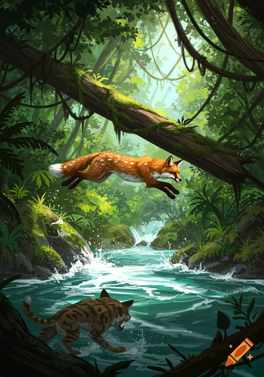Illustrated scene of a spotted fox leaping over a rushing jungle river ...