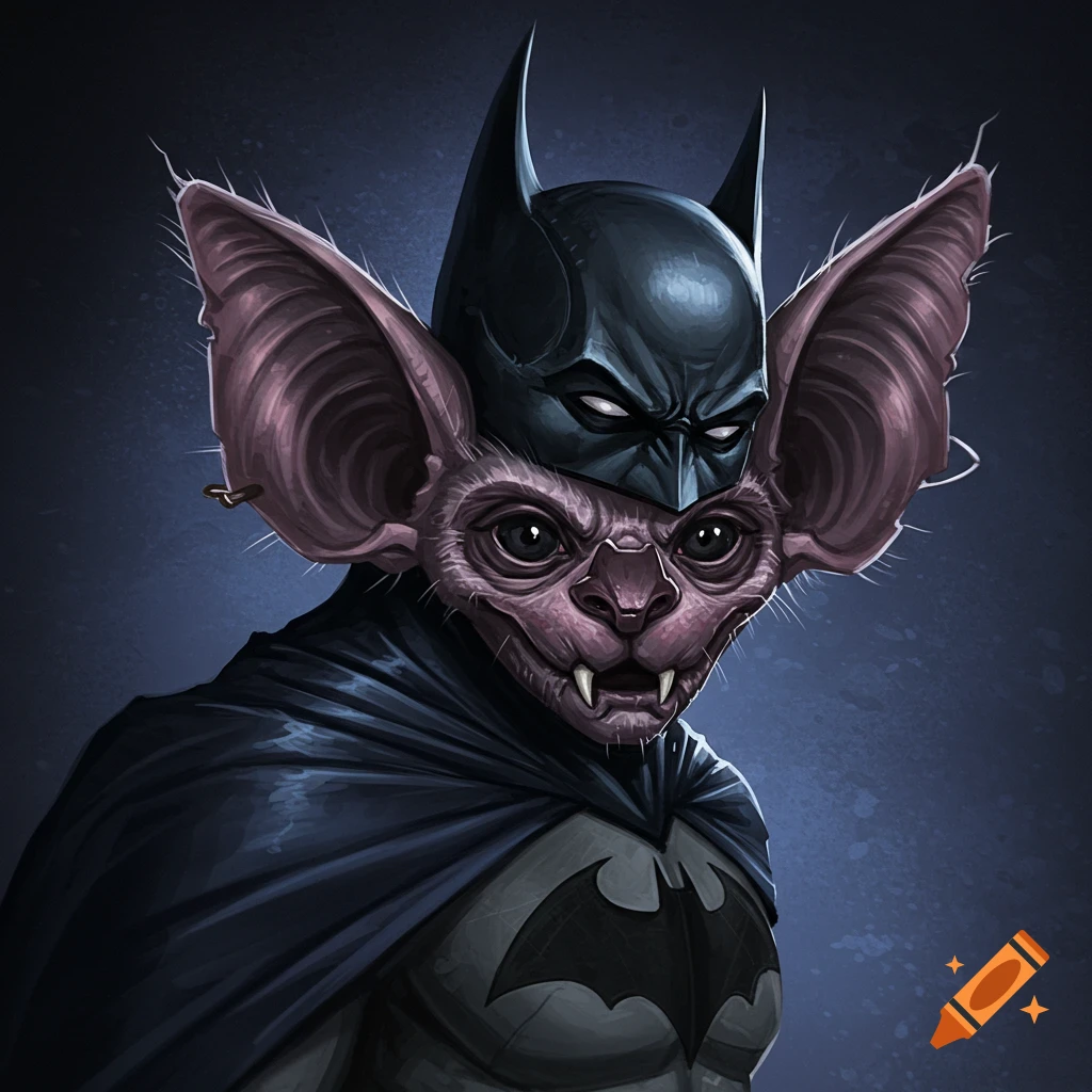 A creature with large ears and fangs wearing a Batman mask and cape. on ...