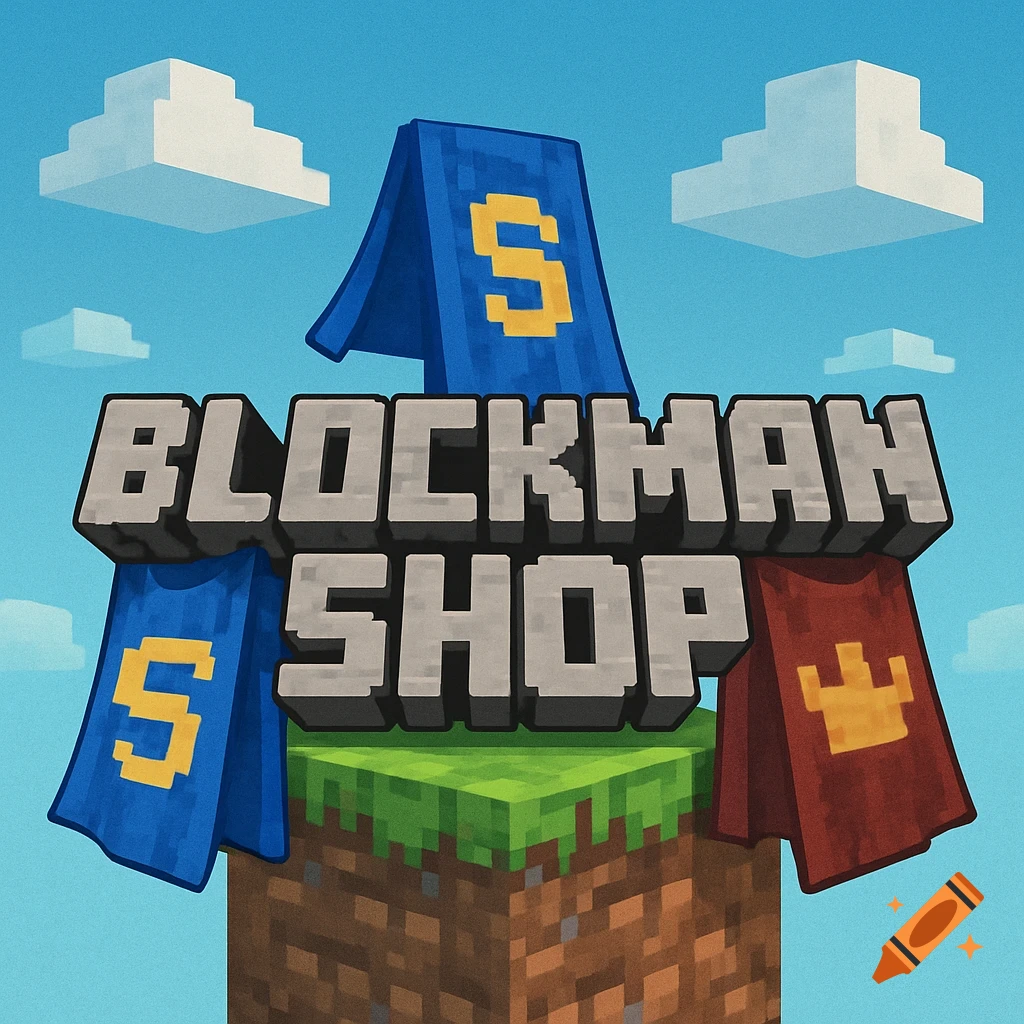 Minecraft-style logo for Blockman Shop with capes. on Craiyon