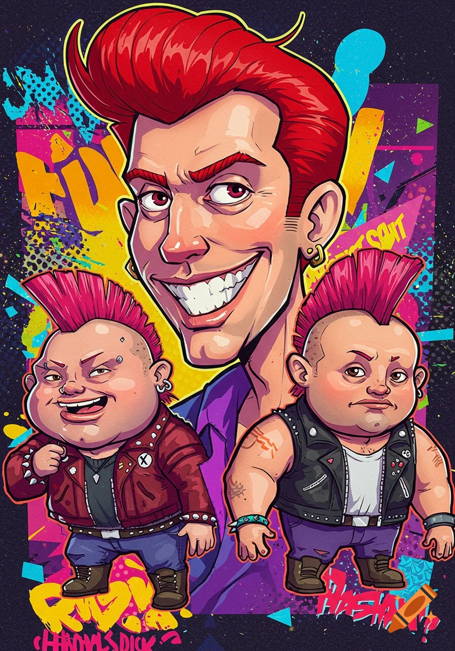 A cartoon of three punk characters against a colourful abstract ...