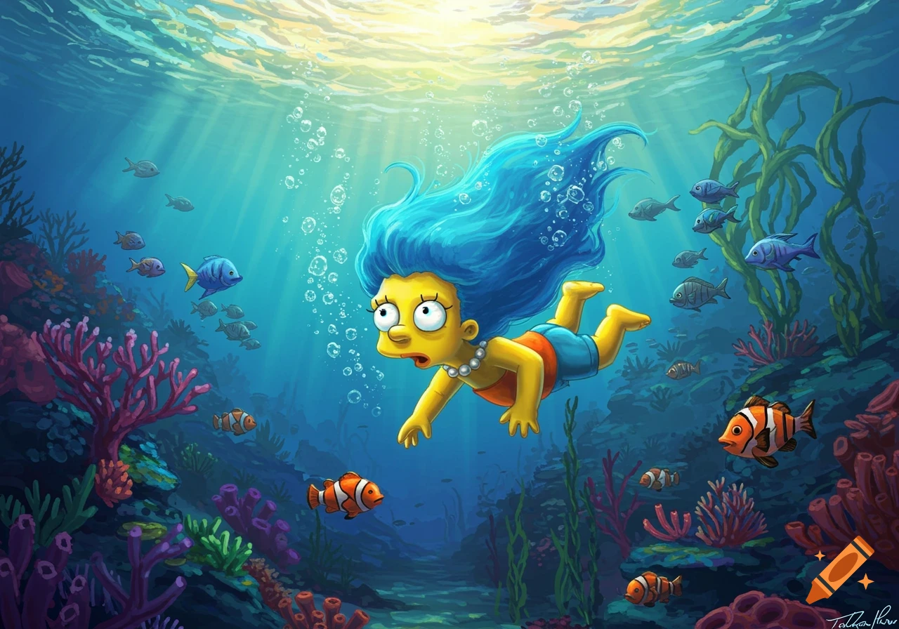 Lisa Simpson swims underwater among coral reefs and fish on Craiyon