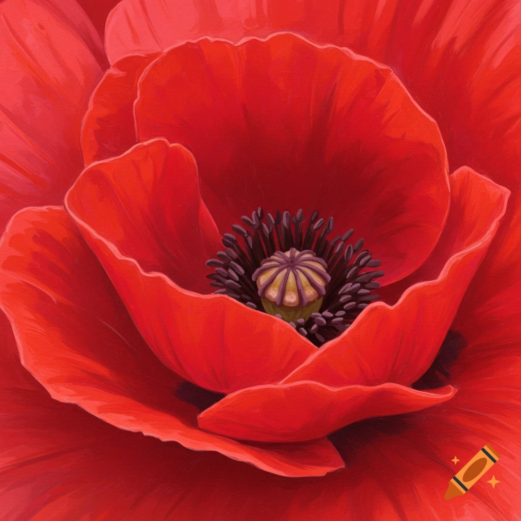 A close-up digital painting of a vibrant red poppy flower showing its ...