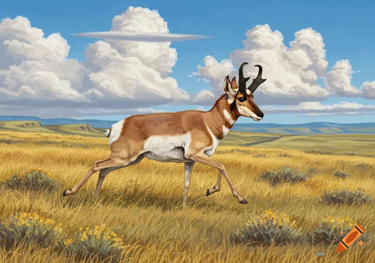 A pronghorn antelope runs across a grassy prairie with mountains and a ...