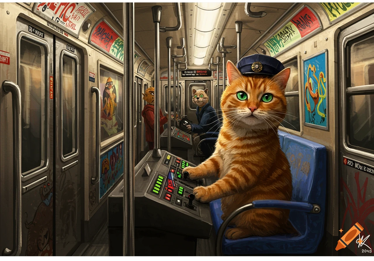 An orange cat in a conductor hat sits at the controls in a subway car ...