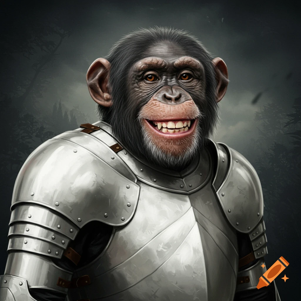 A chimpanzee wears a full suit of shining plate armor, smiling. on Craiyon