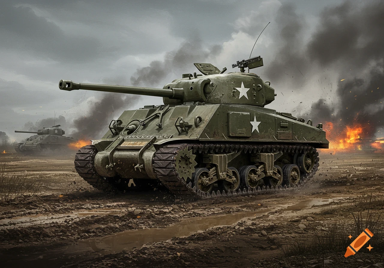 A US Sherman tank on a muddy battlefield with another tank and ...