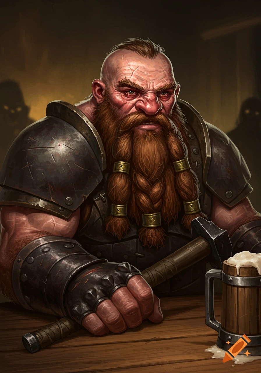 Muscular dwarf in armor holds a hammer and beer mug in a dimly lit ...
