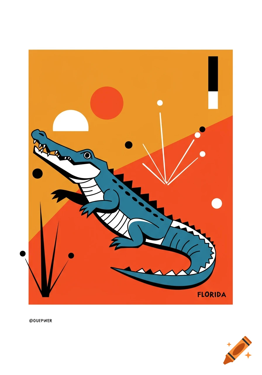 Stylized midcentury modern illustration of an alligator with geometric ...