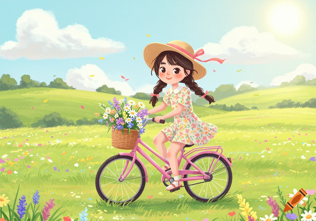 A cute illustrated girl on a pink bicycle rides through a sunny field of flowers. on Craiyon