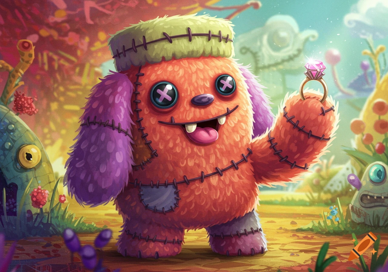 Cute franken-monster character holding up a pink diamond ring in a ...