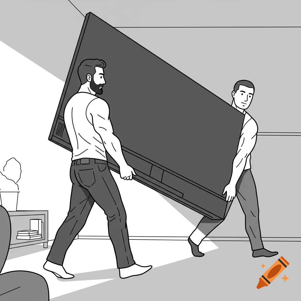 Two men carry a large television in a simple black and white vector ...