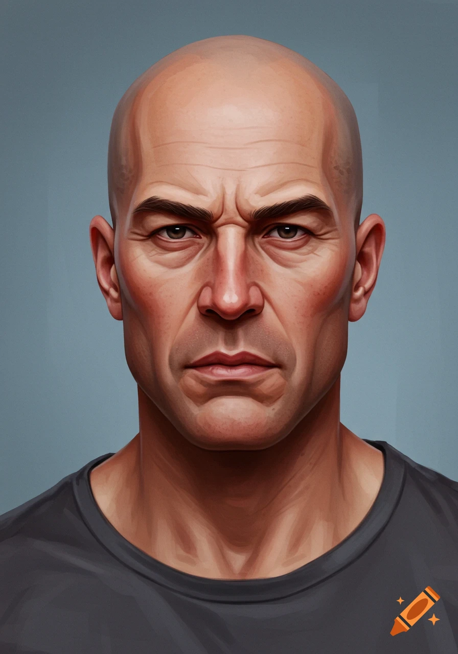 Digital painting of a bald man with strong features. on Craiyon