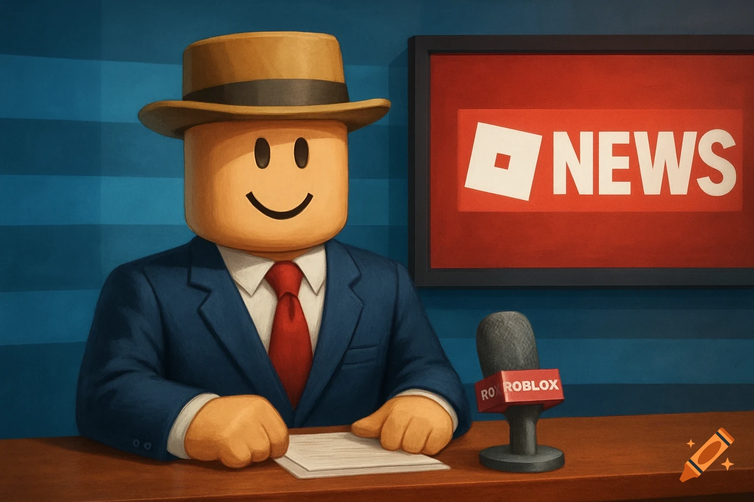 An illustration of a Roblox character in a suit and hat sitting at a ...