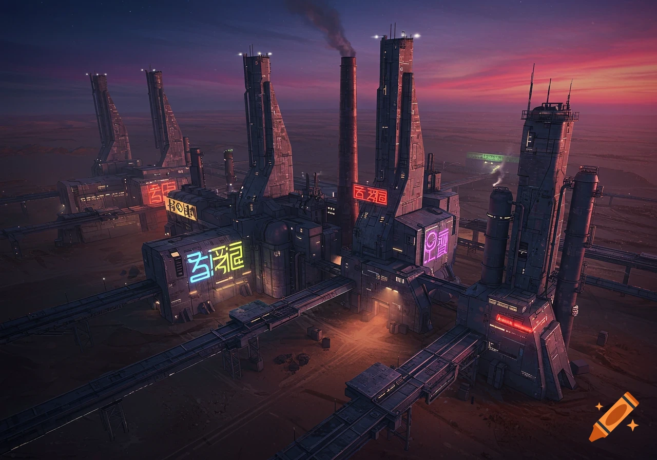 Futuristic factory complex with neon signs under a twilight sky, sci-fi ...