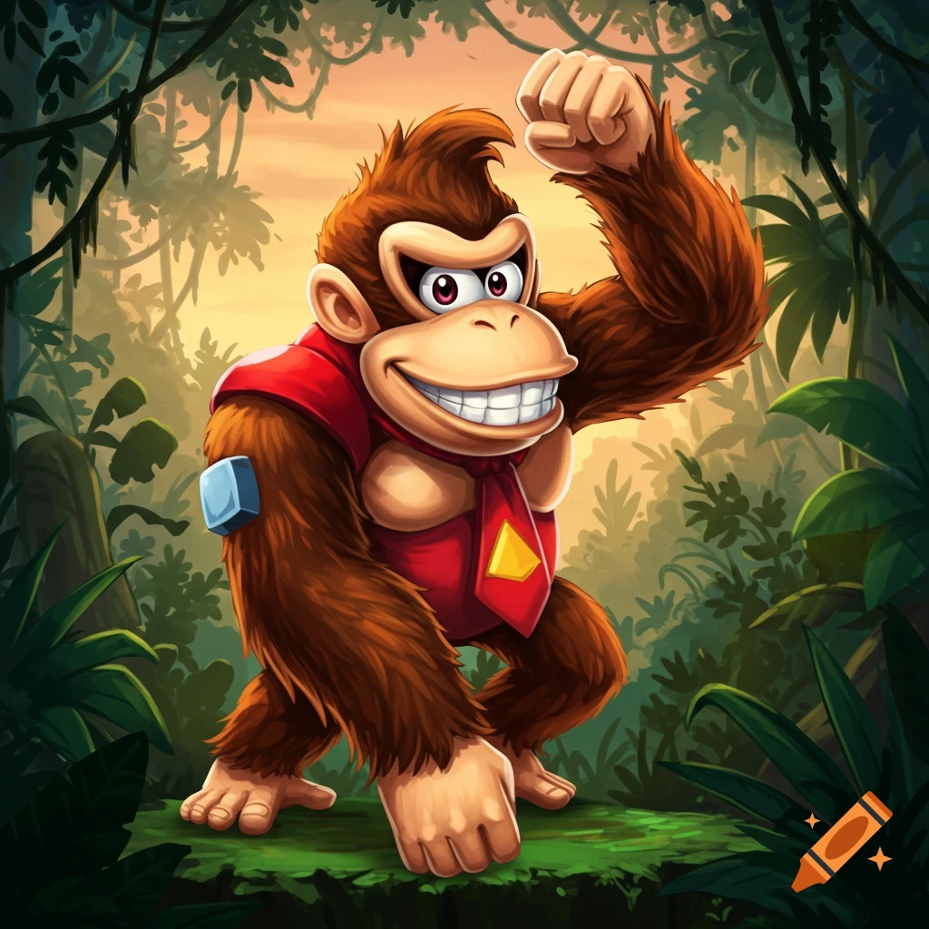 Illustration of Donkey Kong in a jungle, wearing his red vest and tie ...