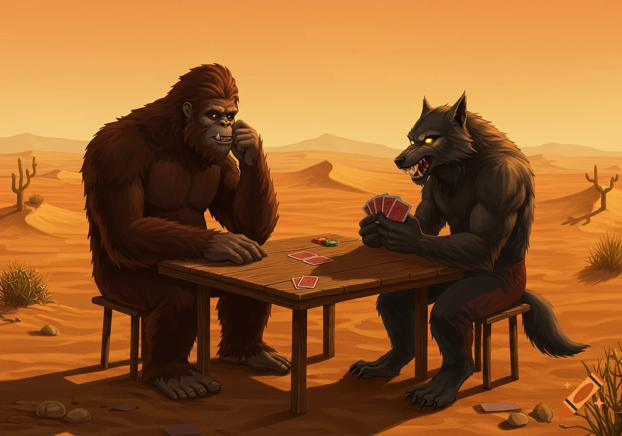 Bigfoot and a werewolf play cards at a table in the desert on Craiyon