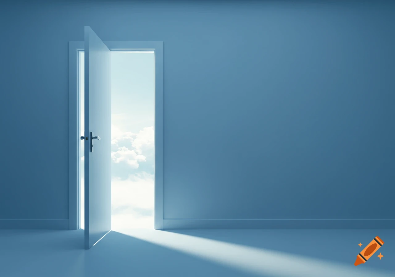 A minimalist image of a slightly ajar door in a blue room, opening to a ...