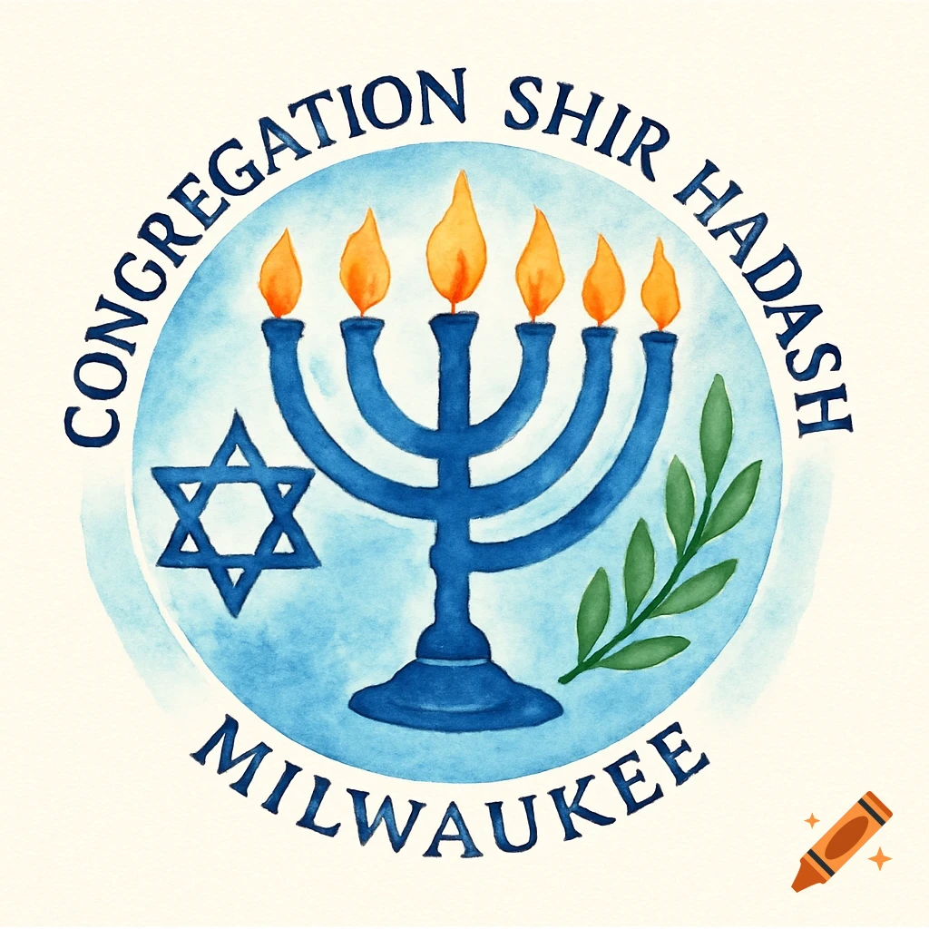 Watercolor logo with menorah, Star of David, and text 'Congregation Shir Hadash Milwaukee' on ...