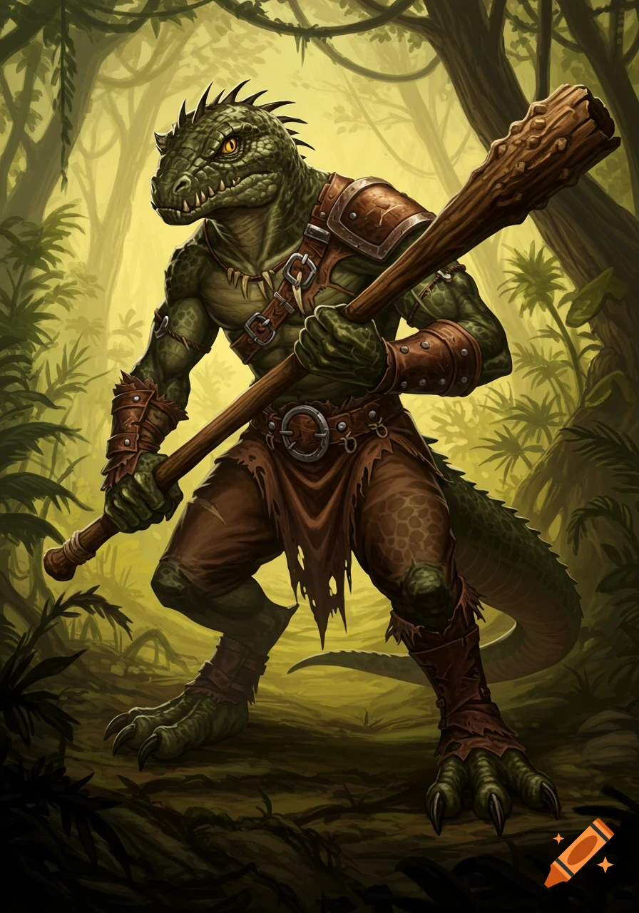 A lizard humanoid warrior with a club stands in a jungle. on Craiyon
