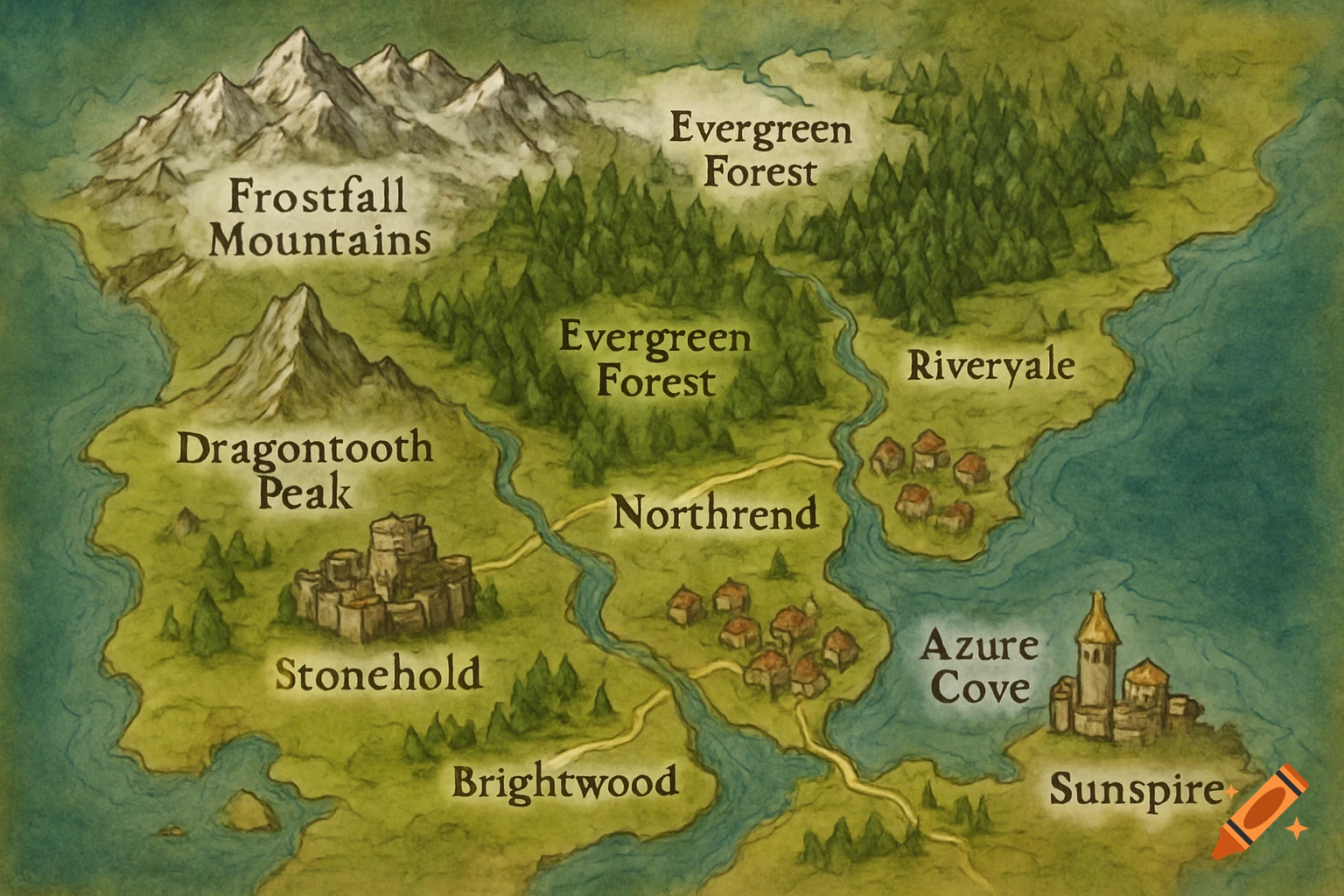 A hand-drawn fantasy map showing various locations like mountains, forests, and settlements with ...