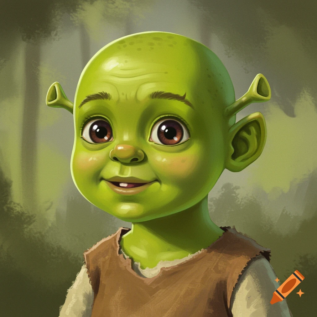 Digital painting portrait of a baby Shrek looking forward and smiling ...