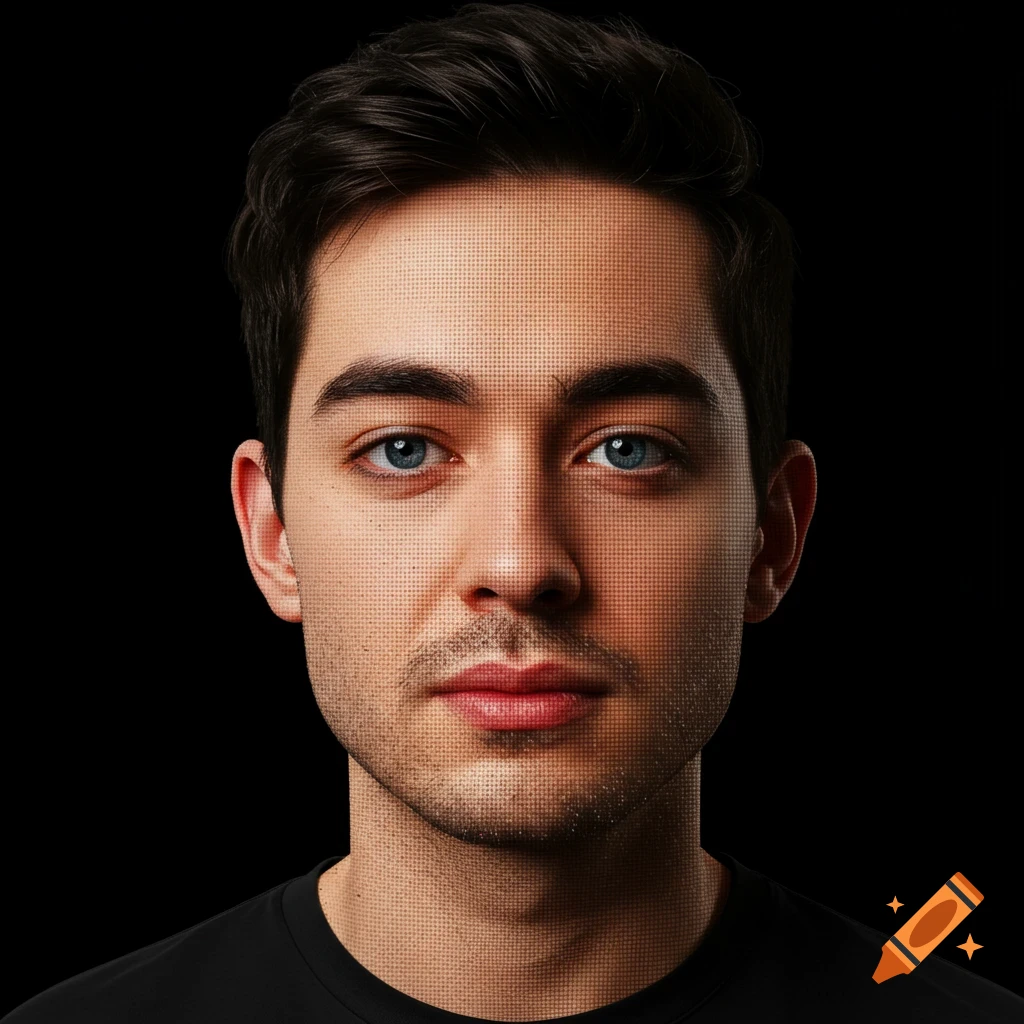 Portrait of a man with a pixelated grid pattern over his face. on Craiyon