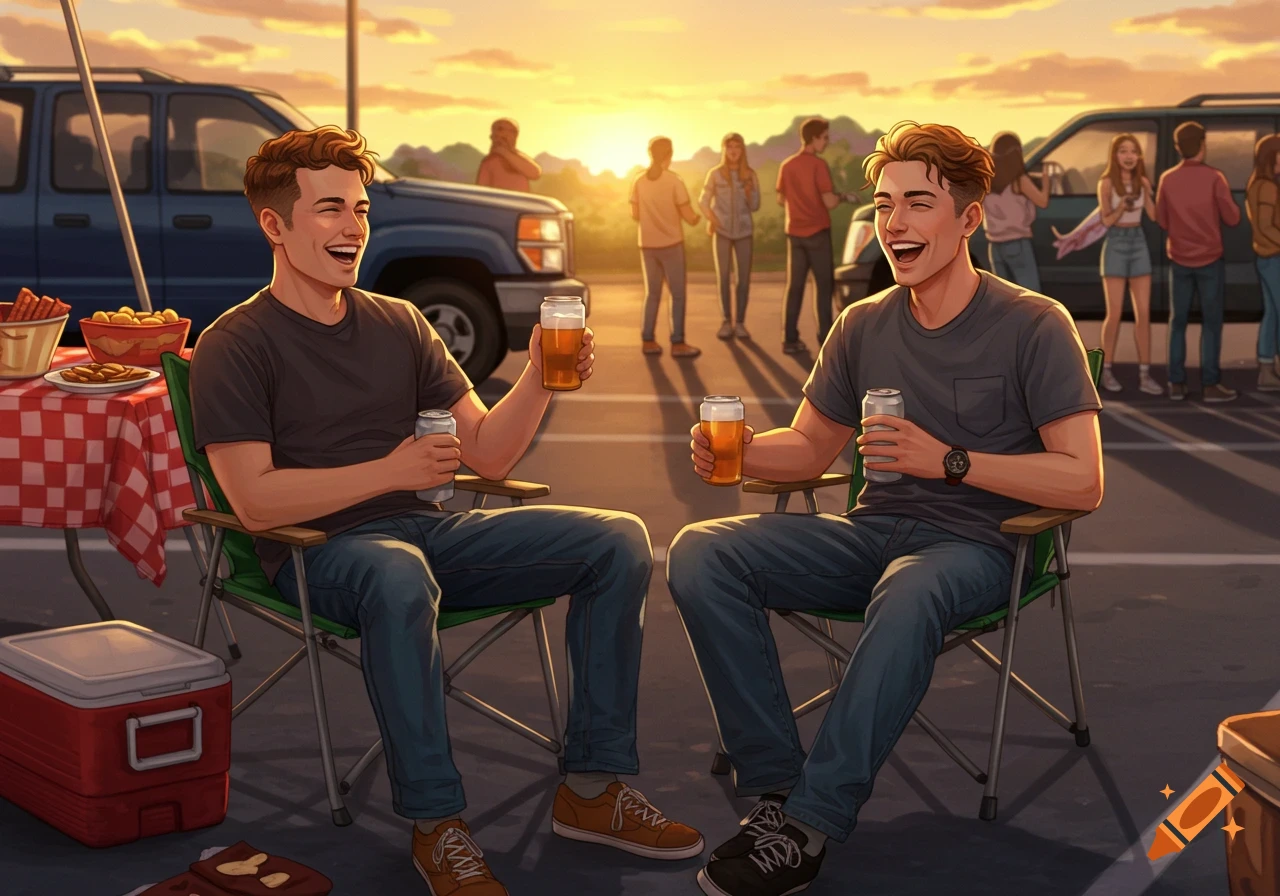Two men laughing and drinking beer at a tailgate party at sunset ...