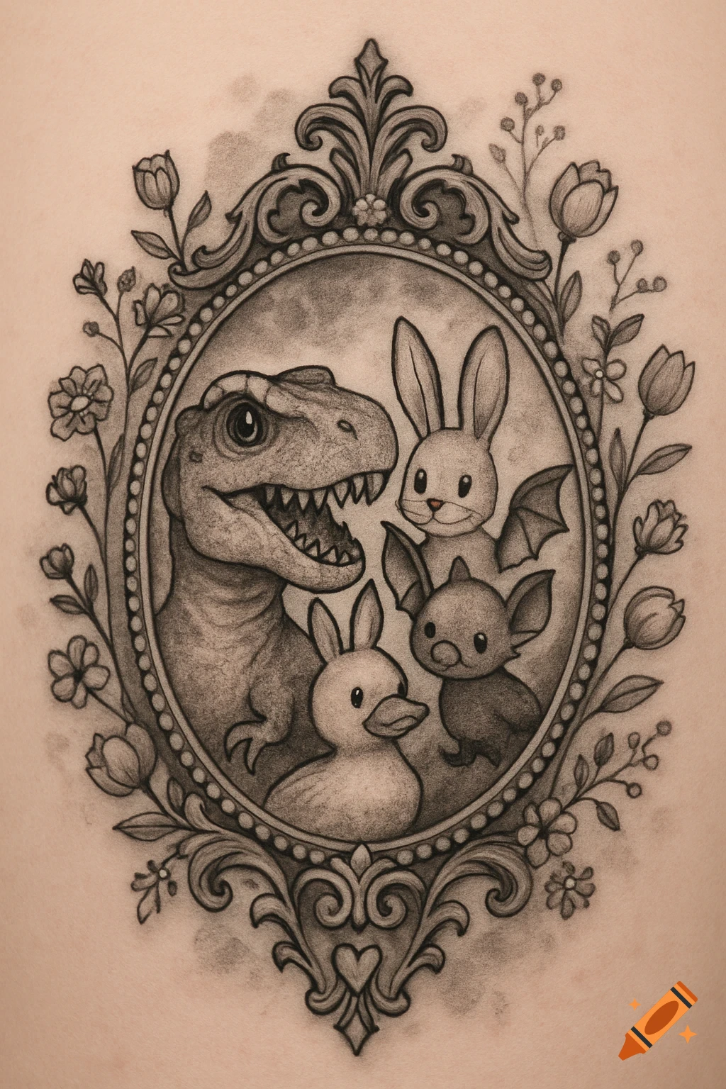 Pencil sketch of cartoon dinosaur, bunny, bat, and duck in an ornate ...