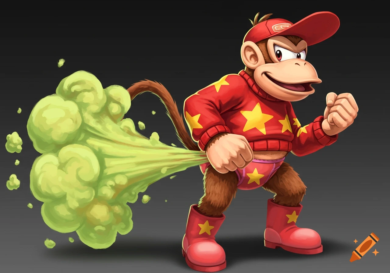 Cartoon monkey character Diddy Kong farting large yellowish-green fumes ...