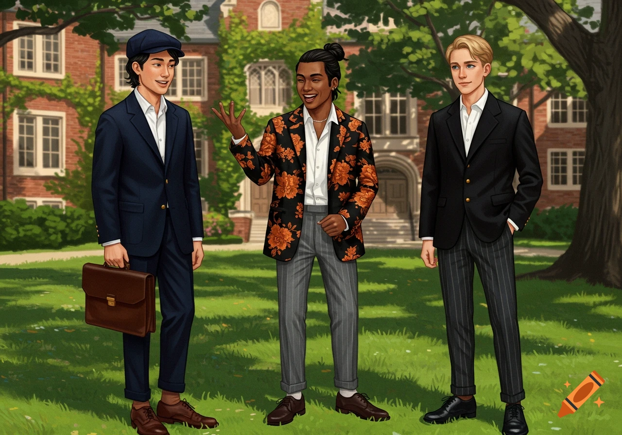 Three young men in preppy outfits stand on a lawn in front of a school ...