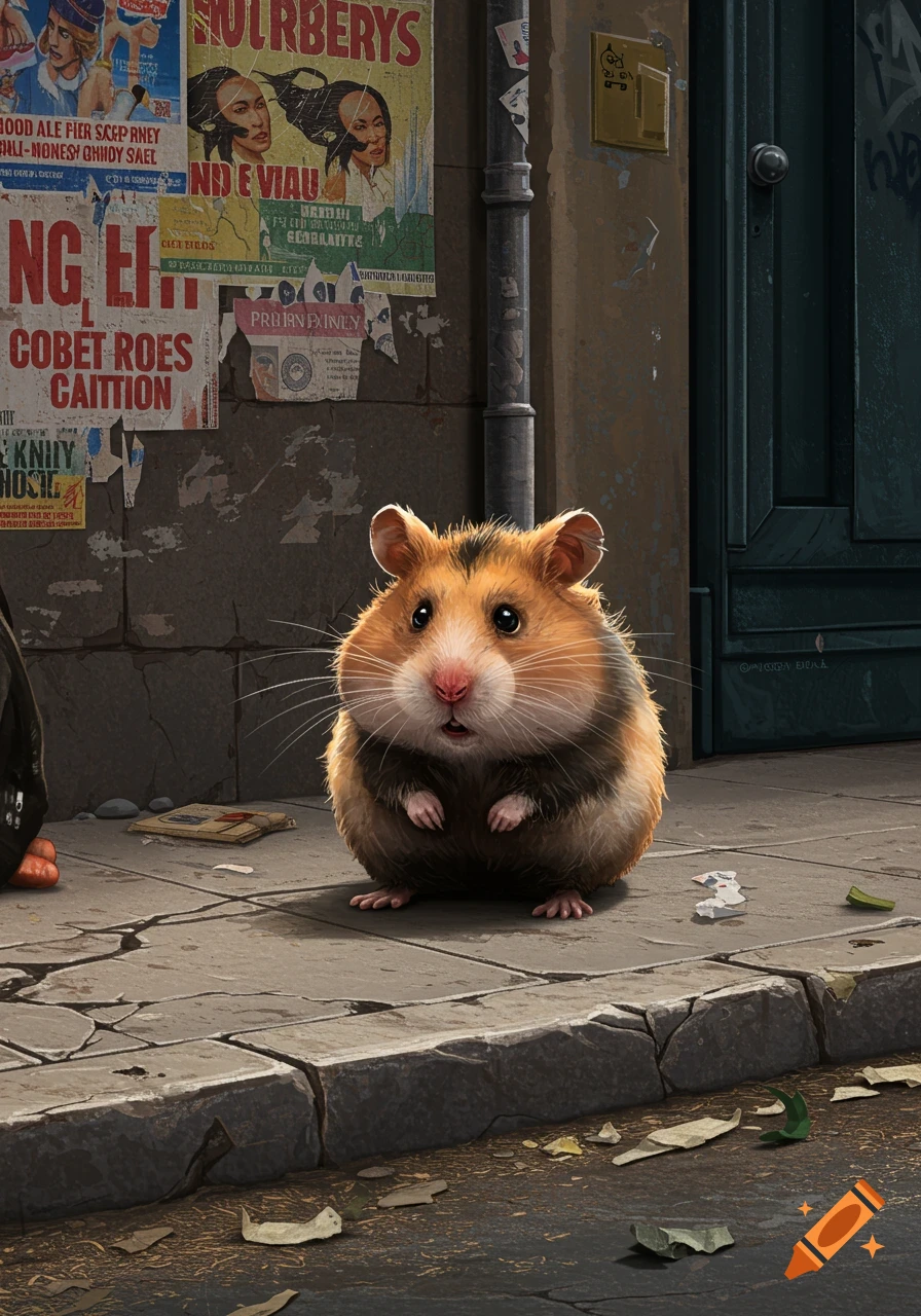 A fluffy hamster sits on a city sidewalk in front of a wall covered in ...