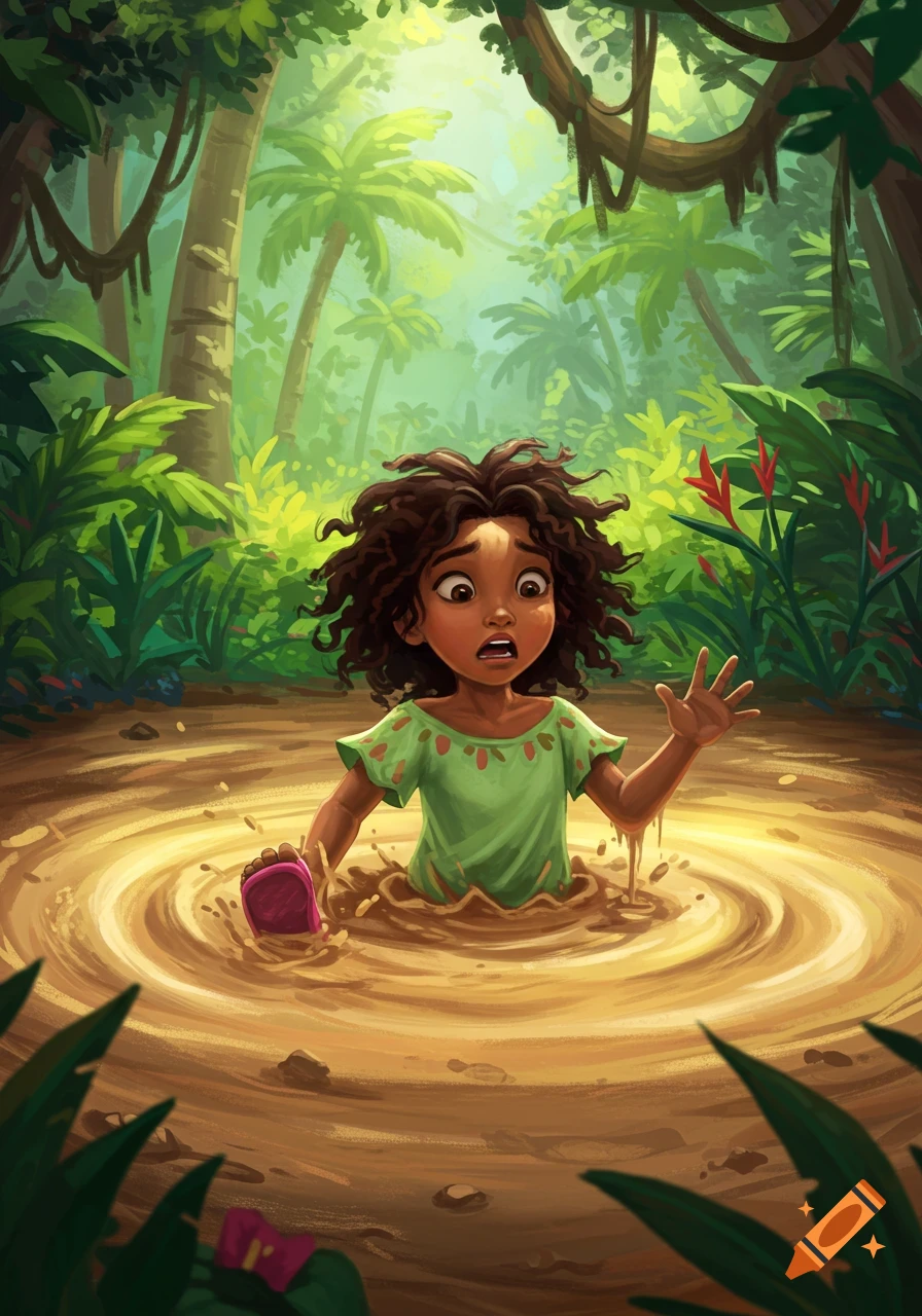 Illustrated jungle girl stuck in quicksand looking scared on Craiyon