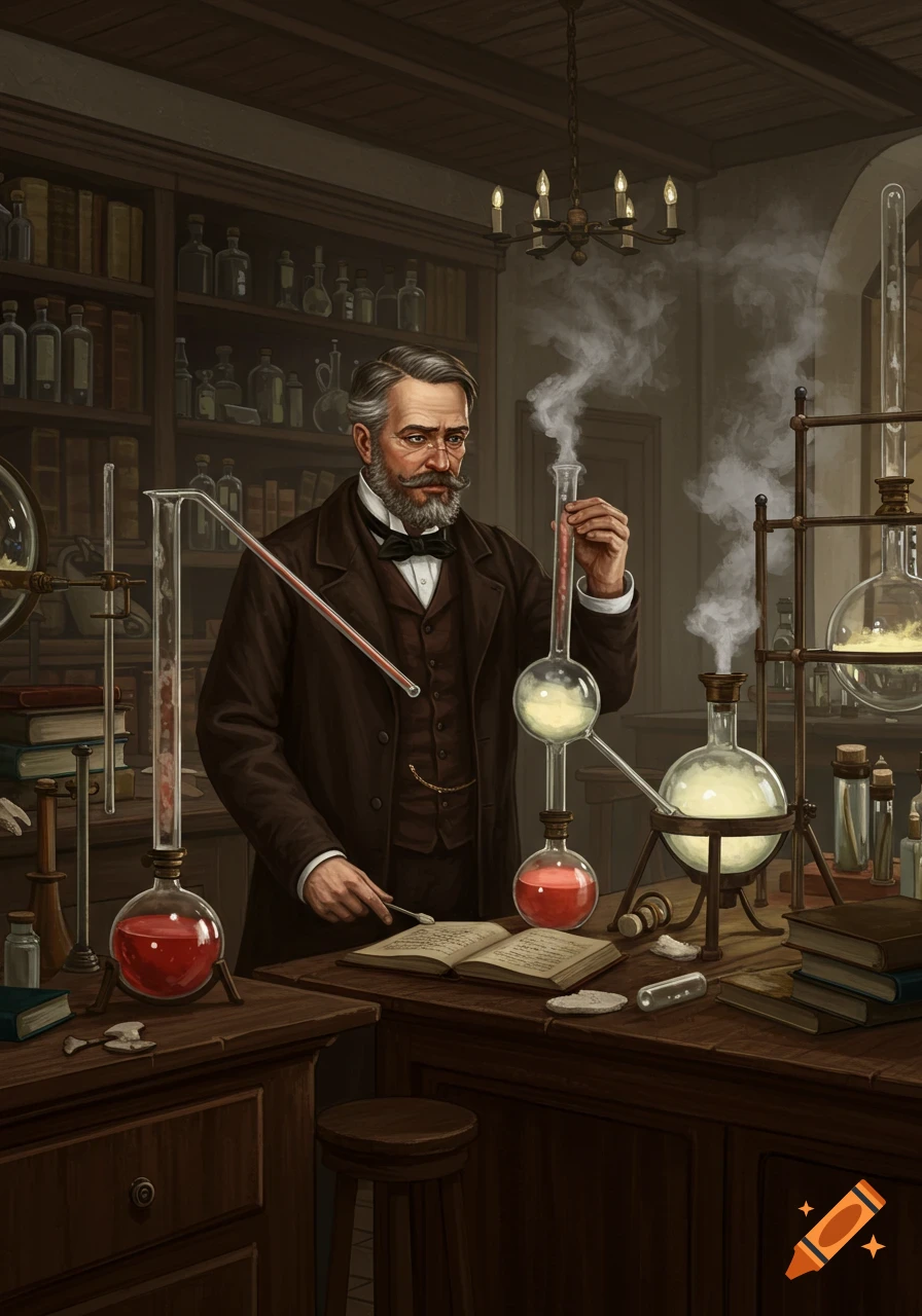 Victorian scientist working in a chemistry laboratory filled with glass ...